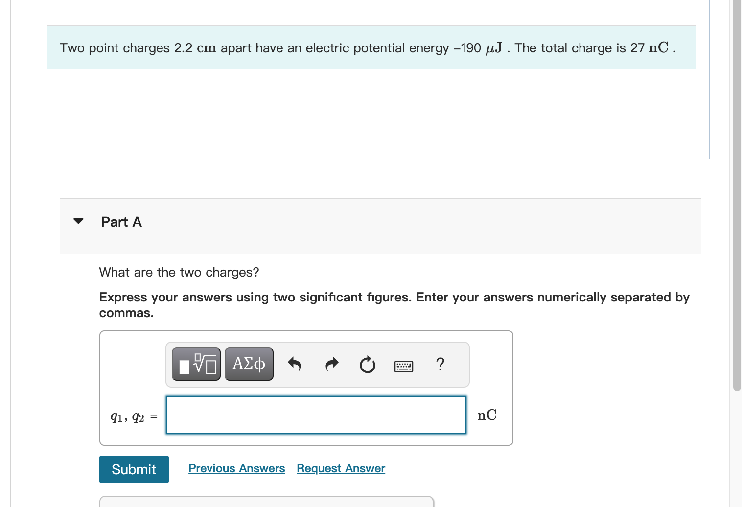 Solved Two point charges 2.2 cm apart have an electric | Chegg.com