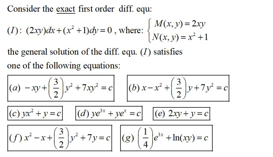 Solved Consider the exact first order diff. equ: M(x, y) = | Chegg.com