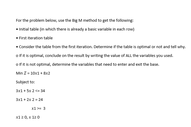 Solved For the problem below, use the Big M method to get | Chegg.com