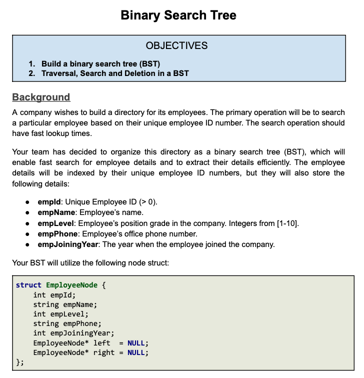 Solved Please help writing the EmployeeTree.cpp and | Chegg.com