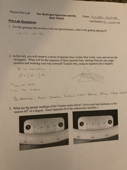 Solved Physics Pre-Lab The Hydrogen Spectrum and the Name: | Chegg.com