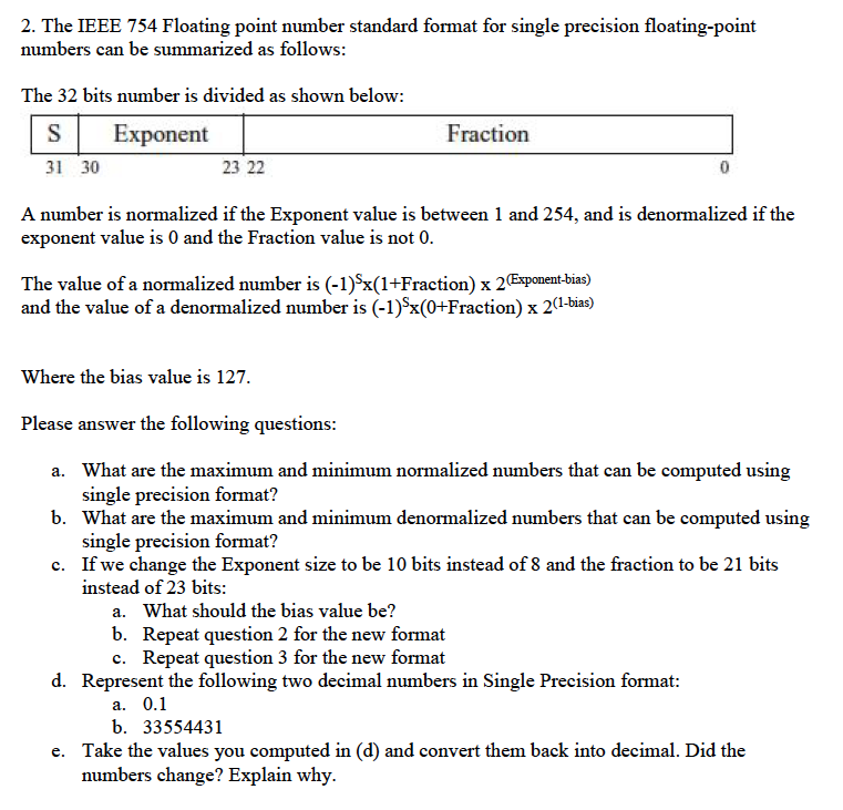 Solved 2. The IEEE 754 Floating point number standard format | Chegg.com