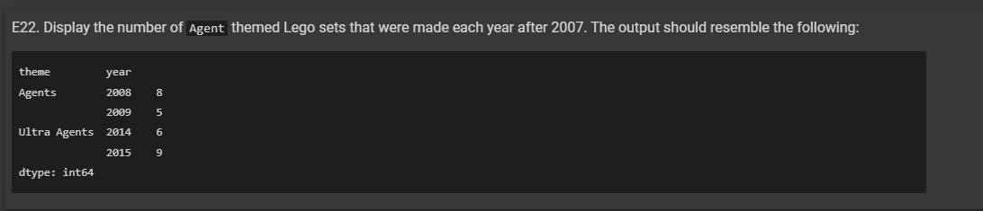 Solved E22. Display the number of Agent themed Lego sets | Chegg.com