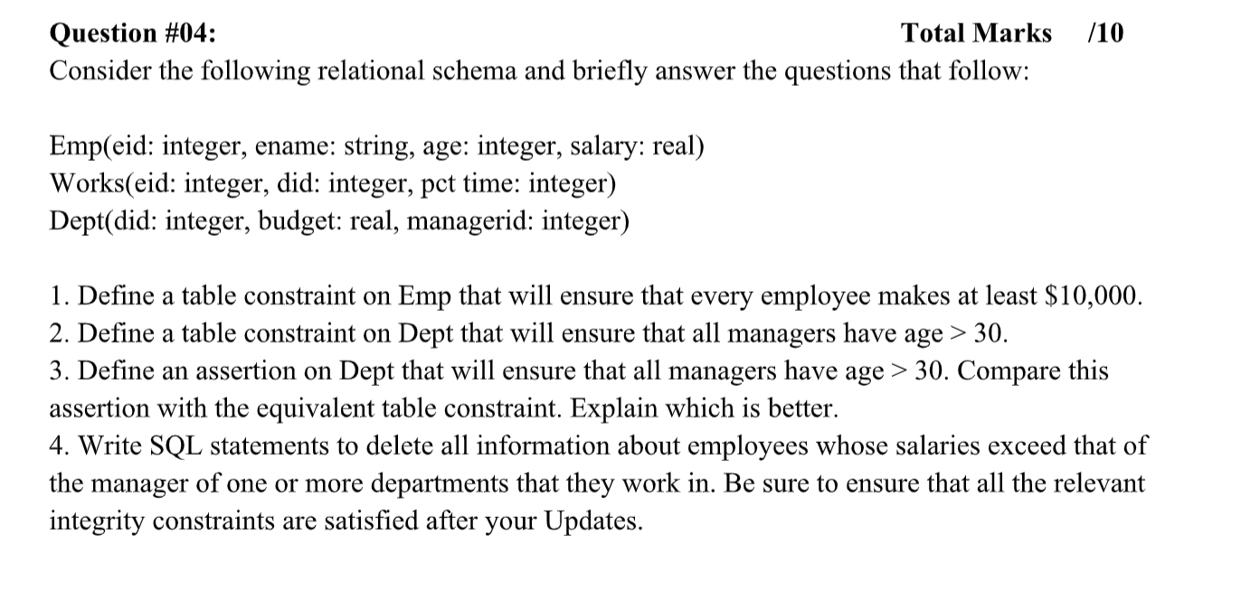 Solved Question \#04: Total Marks /10 Consider the following | Chegg.com