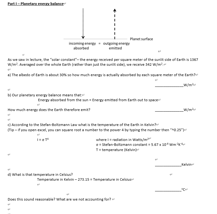 Solved Part 1 - Planetary energy balance Planet surface | Chegg.com