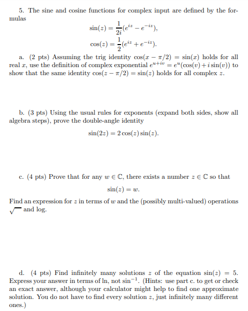 Solved 1 e 1 5. The sine and cosine functions for complex | Chegg.com