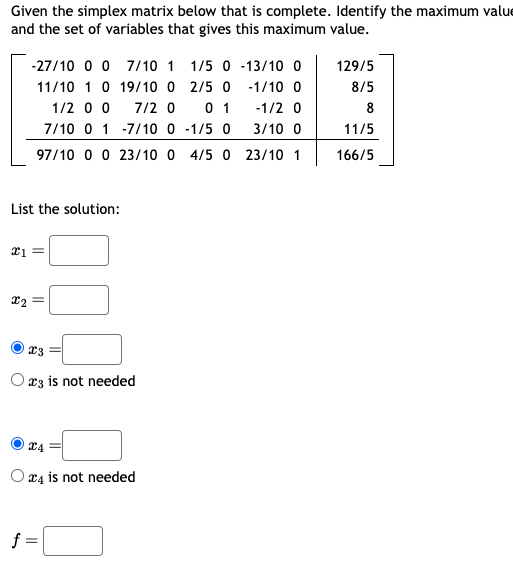 Solved Given the simplex matrix below that is complete. | Chegg.com