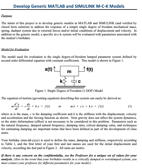 Develop Generic MATLAB and SIMULINK M-C-K Models | Chegg.com