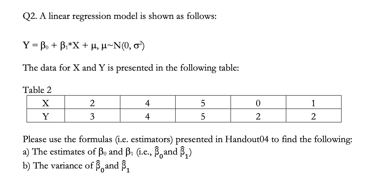 Solved Q2. A linear regression model is shown as follows: Y | Chegg.com