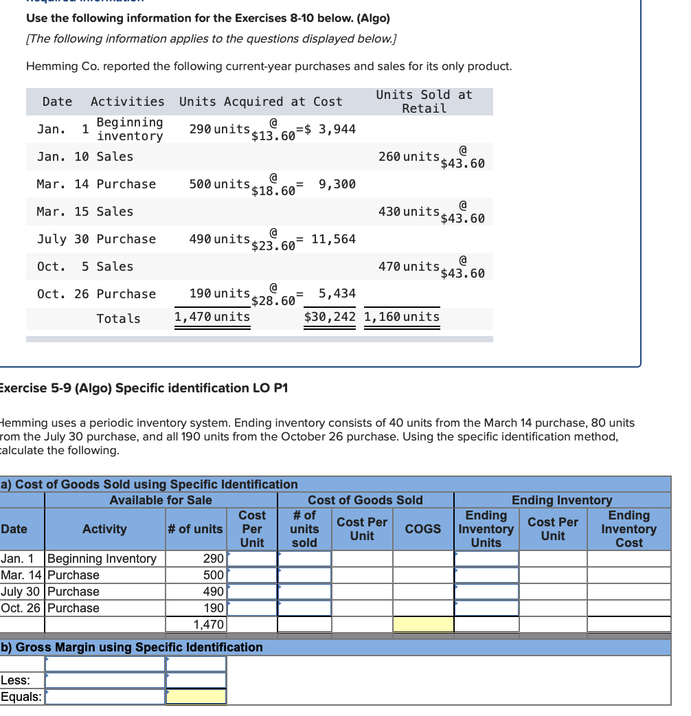 Solved Use the following information for the Exercises 8-10 | Chegg.com