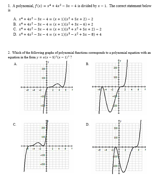 Solved 1. A polynomial, f(x)=x4+4x2−3x−4 is divided by x−1. | Chegg.com