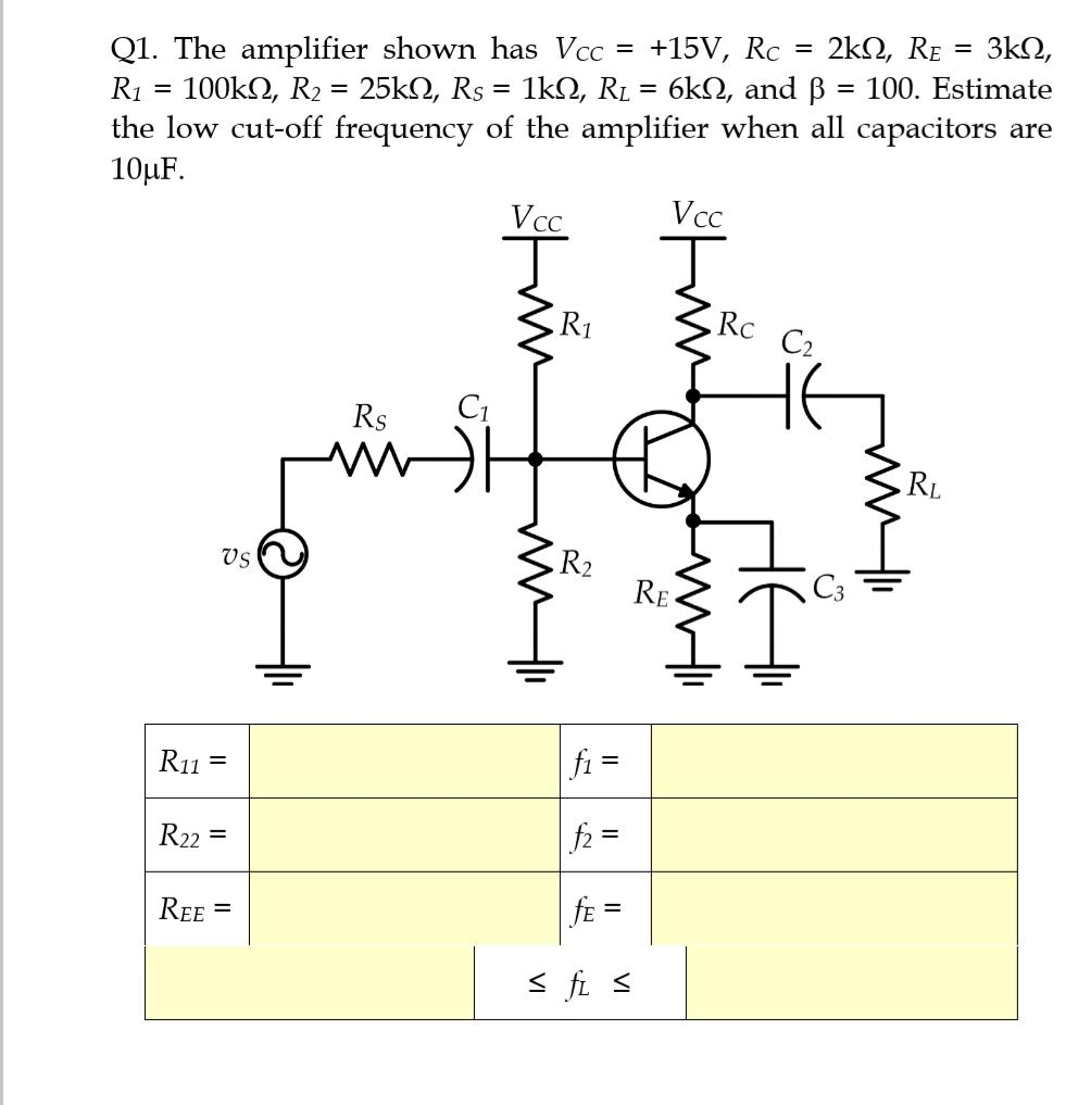 Solved = Q1. The amplifier shown has Vcc = +15V, Rc = 2k12, | Chegg.com