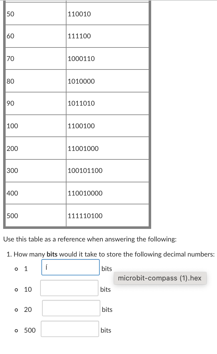 Solved Decimal Number Base 10 Binary Number Base 2 O 0 1 7313