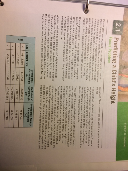 Franklin D. Roosevelt Predicting a Child's Height | Chegg.com