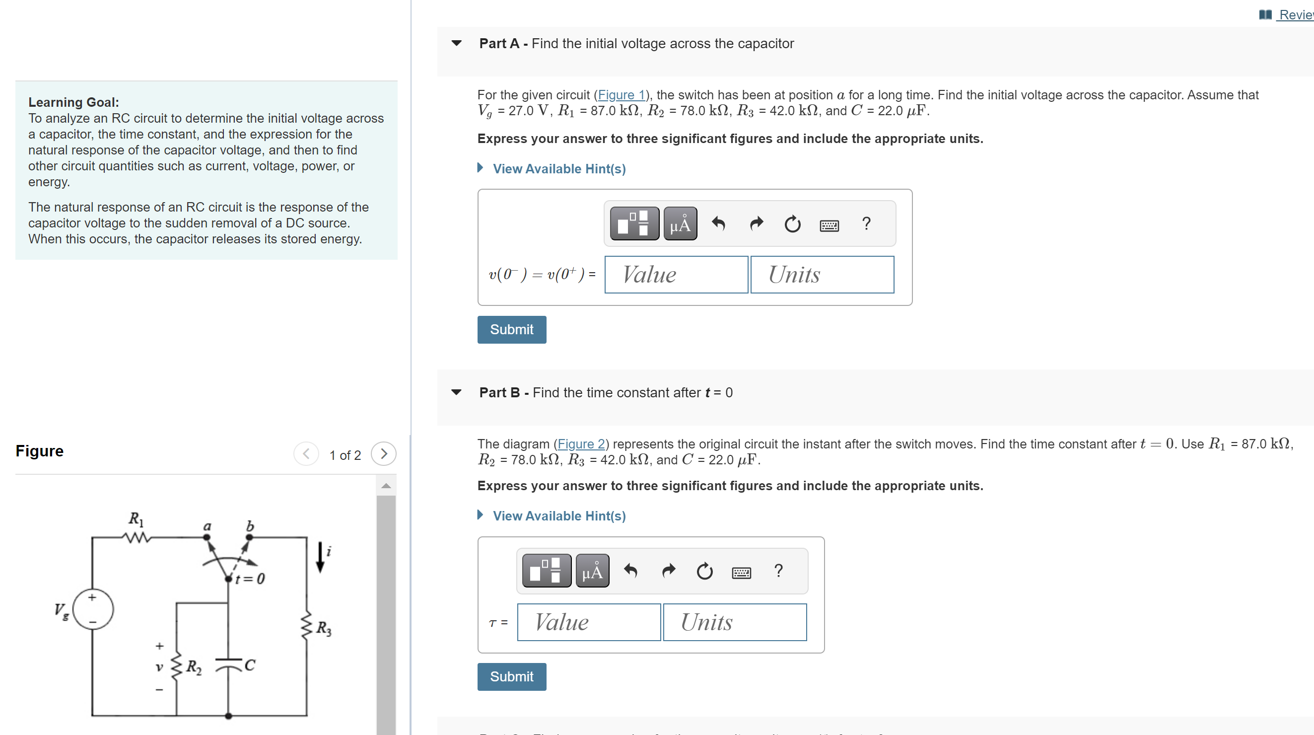 Solved Part A - Find the initial voltage across the | Chegg.com