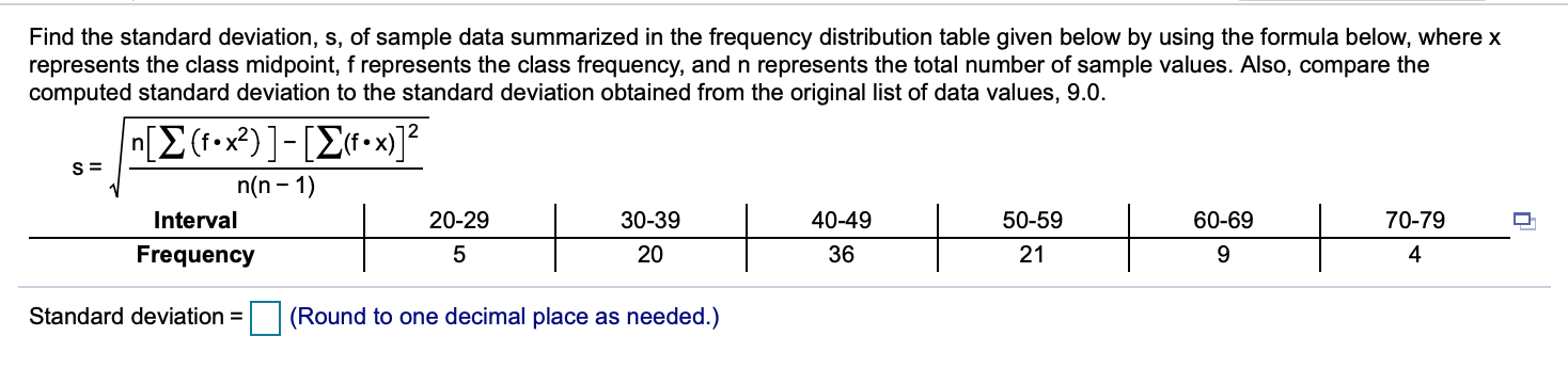 Solved Find the standard deviation, s, of sample data | Chegg.com
