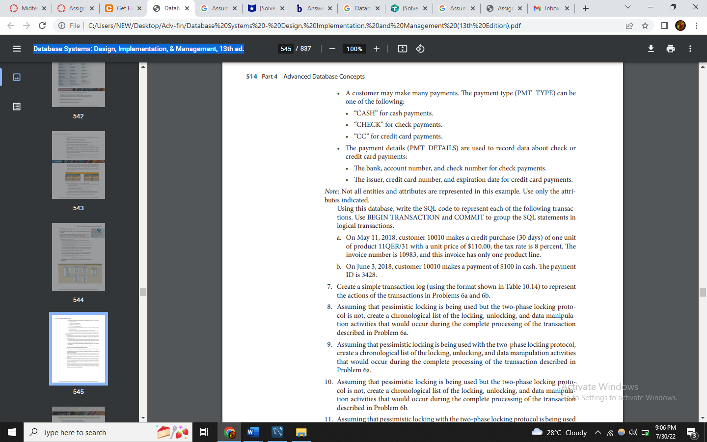 Solved 1. ﻿Assuming that pessimistic locking is being used | Chegg.com