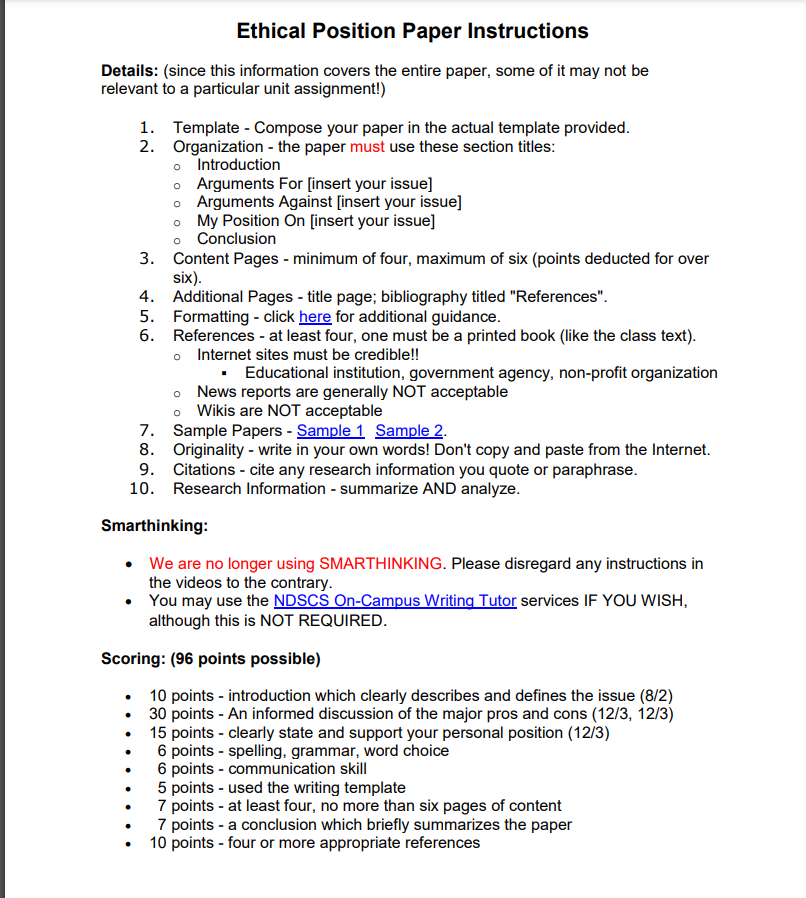 Ethical Position Paper Instructions Details: (since | Chegg.com