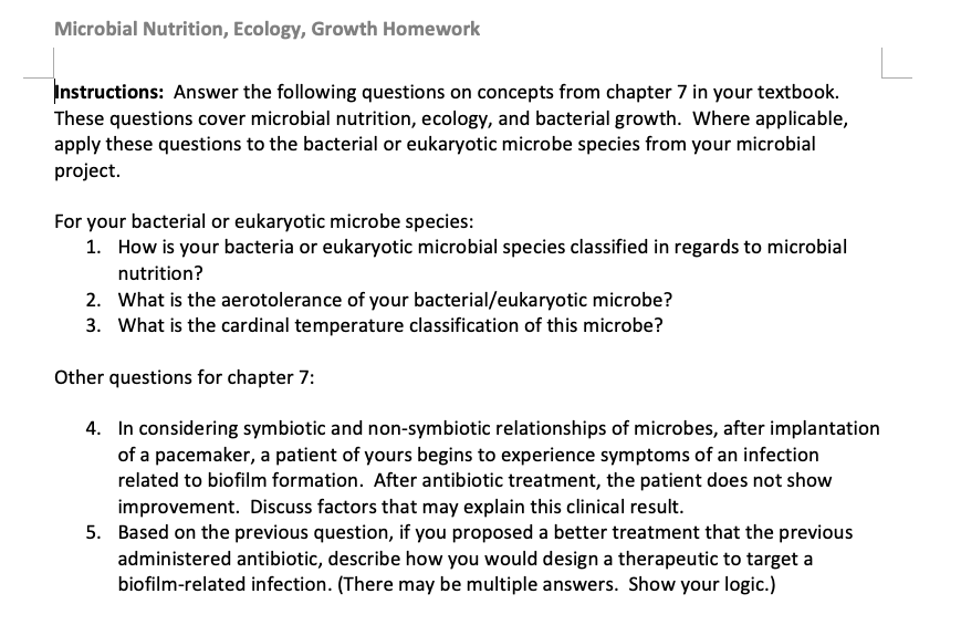 Solved Microbial Nutrition, Ecology, Growth Homework | Chegg.com