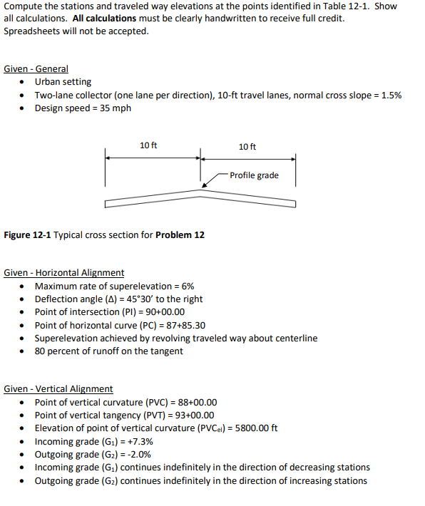 Compute the stations and traveled way elevations at | Chegg.com