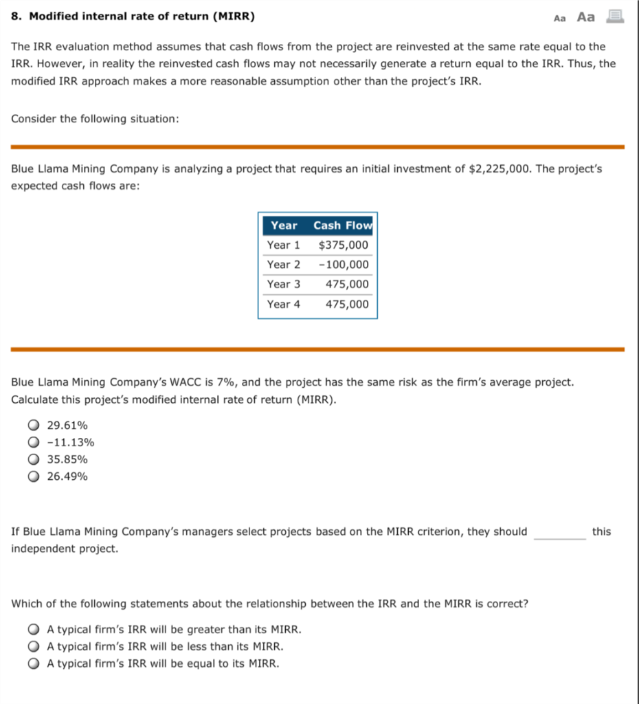 Solved 8 Modified Internal Rate Of Return Mirr Aa Aa The
