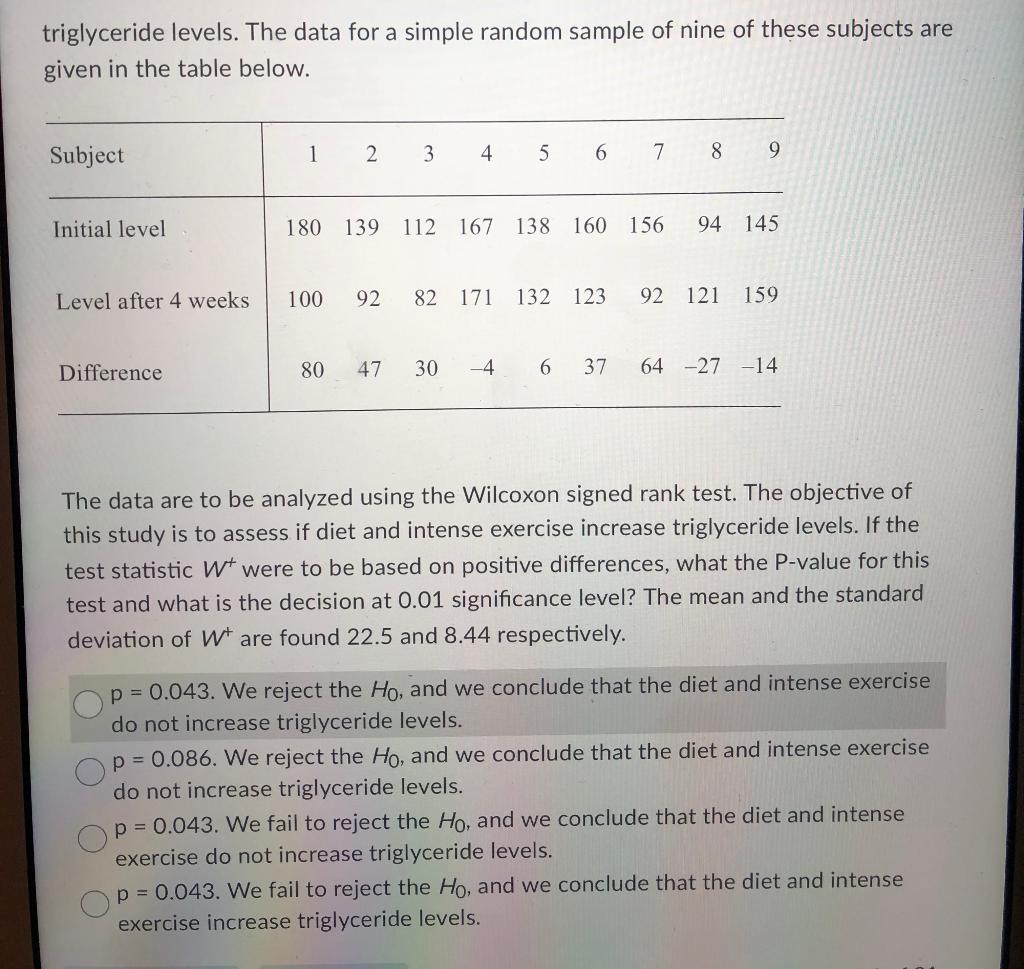 Solved triglyceride levels. The data for a simple random | Chegg.com