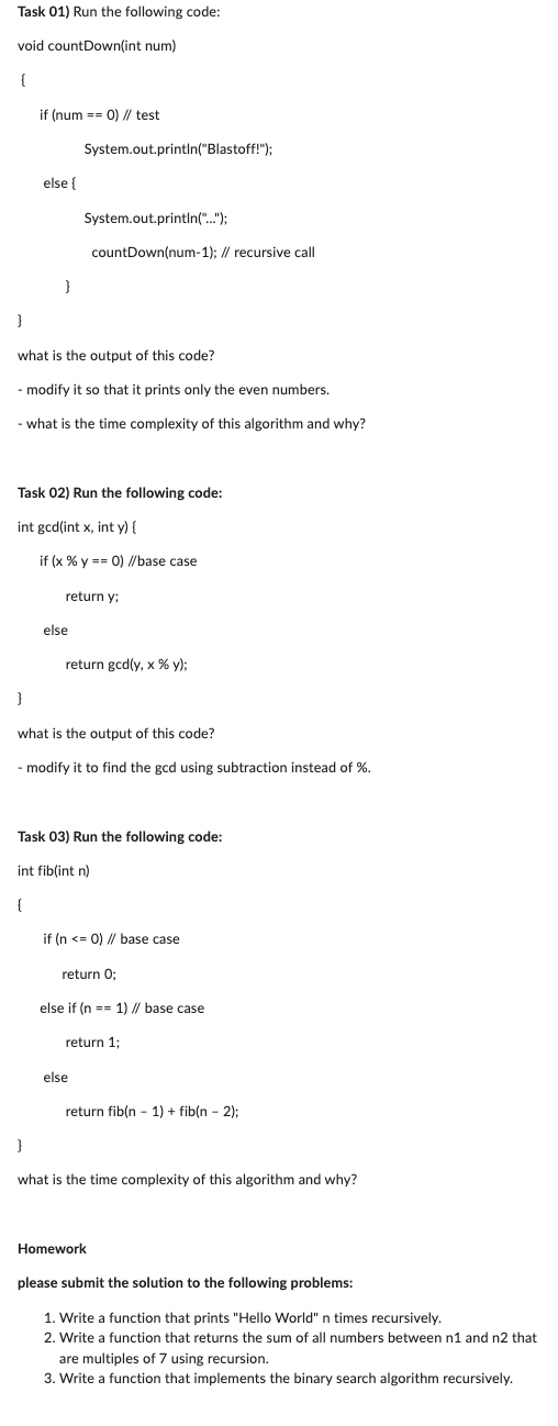 Solved Task 01) Run the following code: void countDown(int | Chegg.com