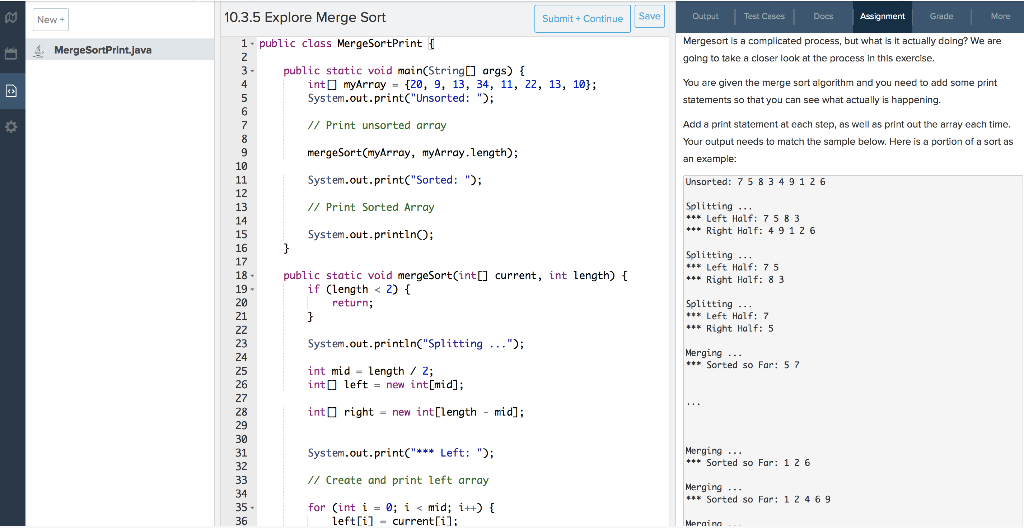 Solved 10.3.5 Explore Merge Sort Submit + Continue Save Newt | Chegg.com