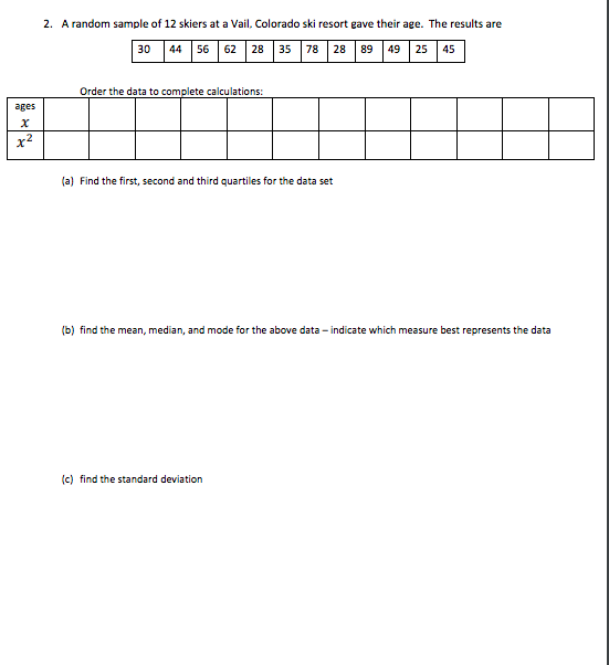 Solved 2. A random sample of 12 skiers at a Vail, Colorado | Chegg.com