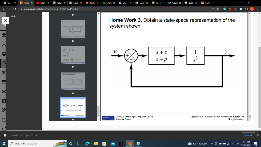 Solved Home Work 3 Obtain A State Space Representation Of