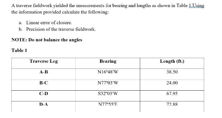 Solved A traverse fieldwork yielded the measurements for | Chegg.com