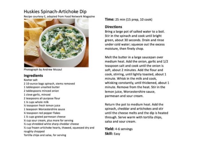 Huskies Spinach-Artichoke Dip Recipe courtesy E, | Chegg.com