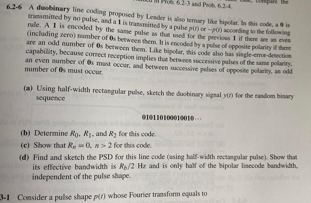 Solved 6.2-6 A duobinary line coding proposed by Lender is | Chegg.com