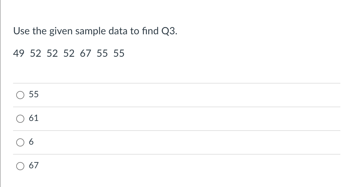 Solved Use the given sample data to find Q3. 49 52 52 52 67 | Chegg.com