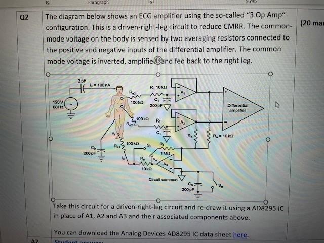 Solved The diagram below shows an ECG amplifier using the | Chegg.com