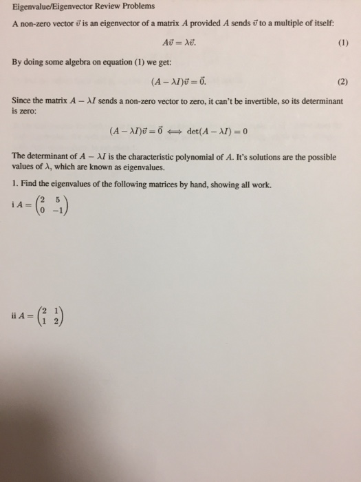 Solved Eigenvalue/Eigenvector Review Problems A non-zero | Chegg.com