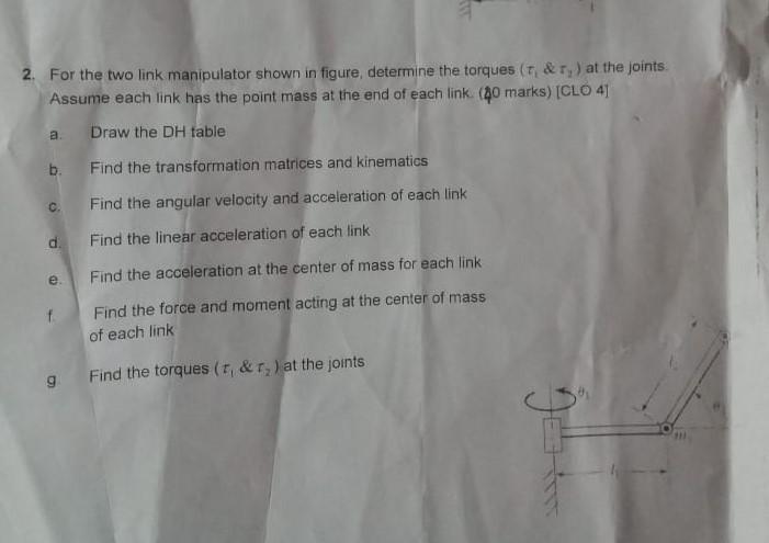 2. For the two link manipulator shown in figure, | Chegg.com