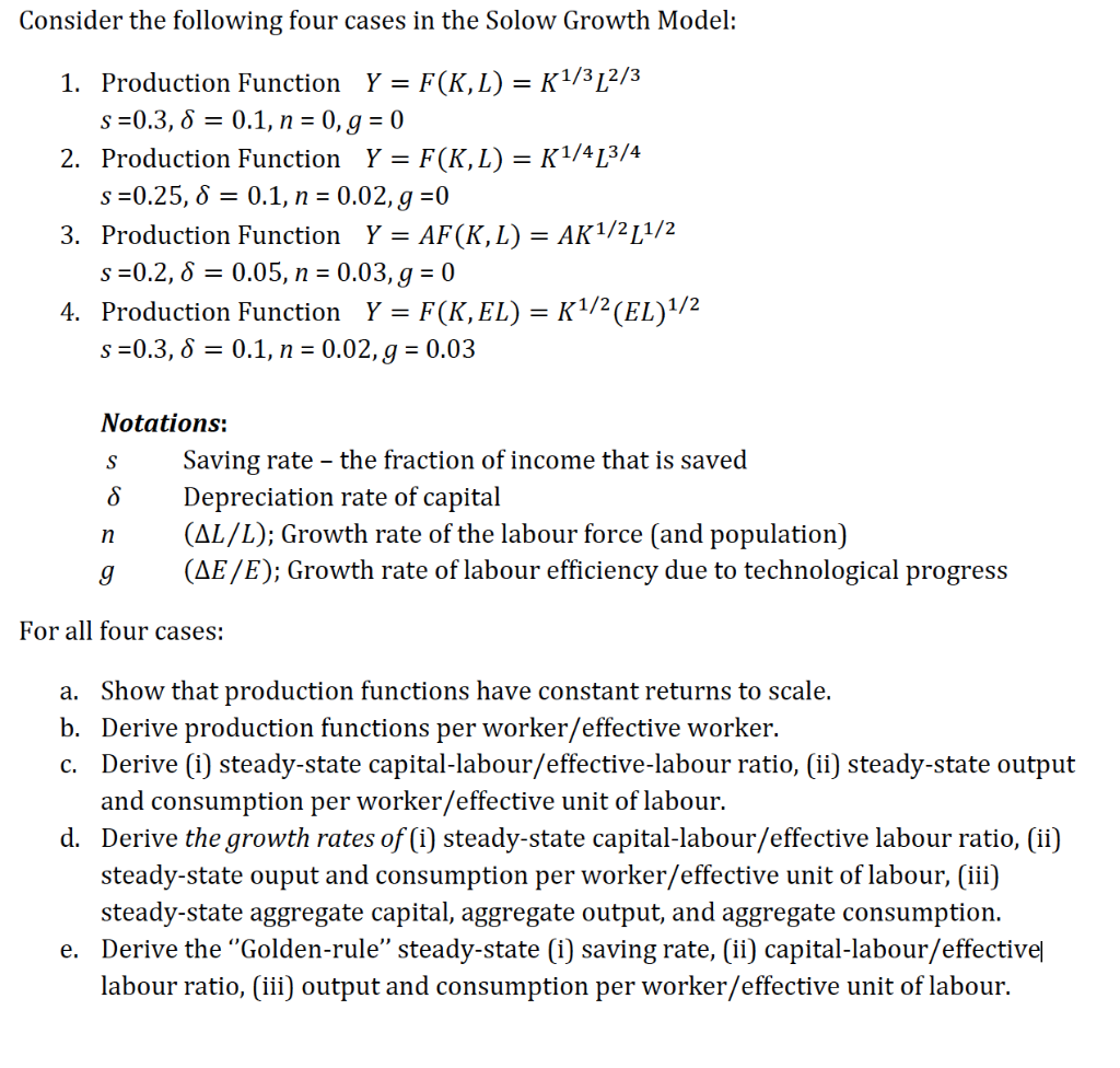 Solved Consider The Following Four Cases In The Solow Growth
