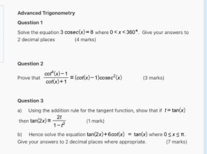 Solved Advanced Trigonometry Question 1 Solve the equation 3 | Chegg.com