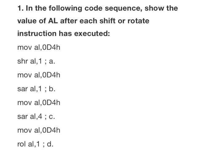 Solved 1. In the following code sequence, show the value of | Chegg.com