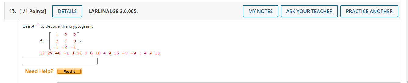 Solved 13. [-/1 Points] DETAILS LARLINALG8 2.6.005. MY NOTES | Chegg.com