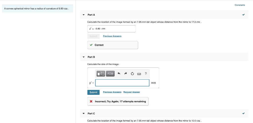 Solved Constants A convex spherical mirror has a radius of | Chegg.com