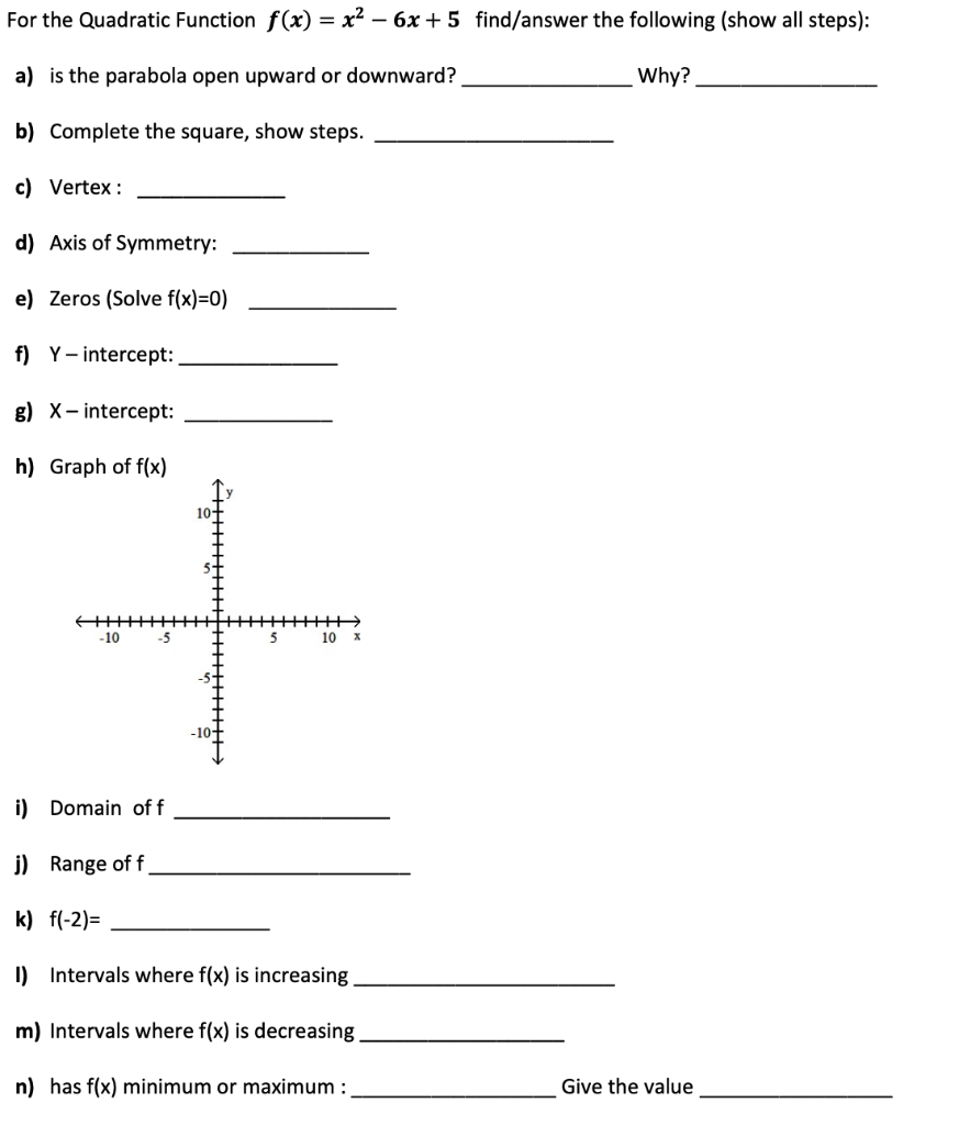 Solved For the Quadratic Function f(x) = x2 - 6x + 5 | Chegg.com