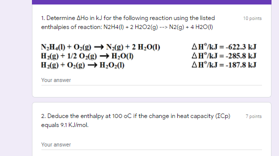 Solved 10 points 1. Determine AHO in kJ for the following | Chegg.com