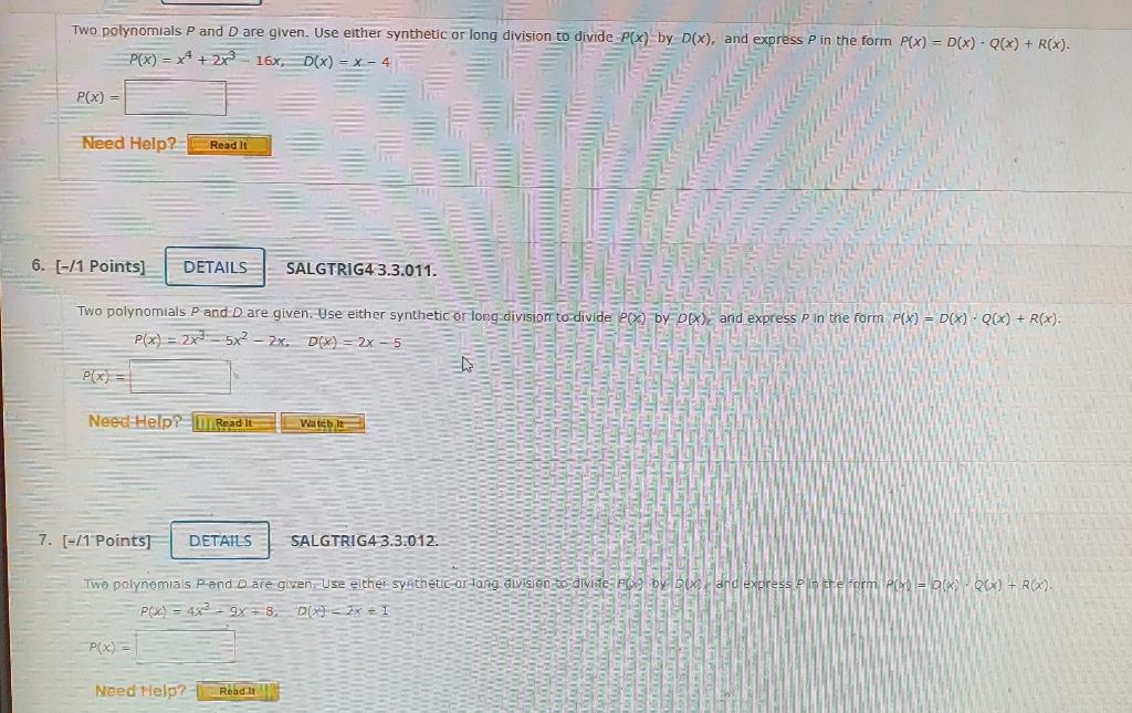 Solved Two polynomials P and D are given. Use either | Chegg.com