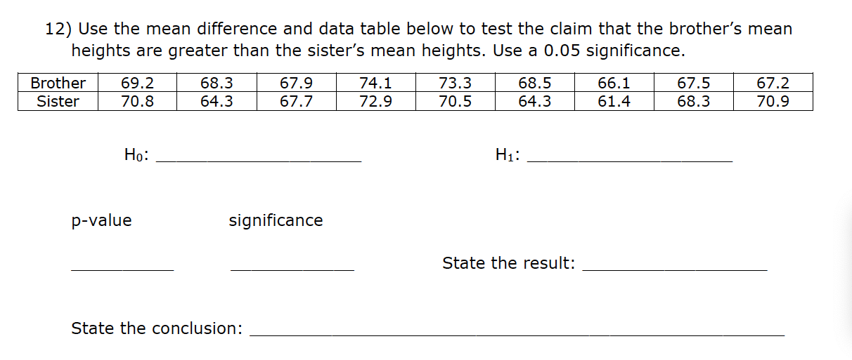 Solved 12) Use the mean difference and data table below to | Chegg.com