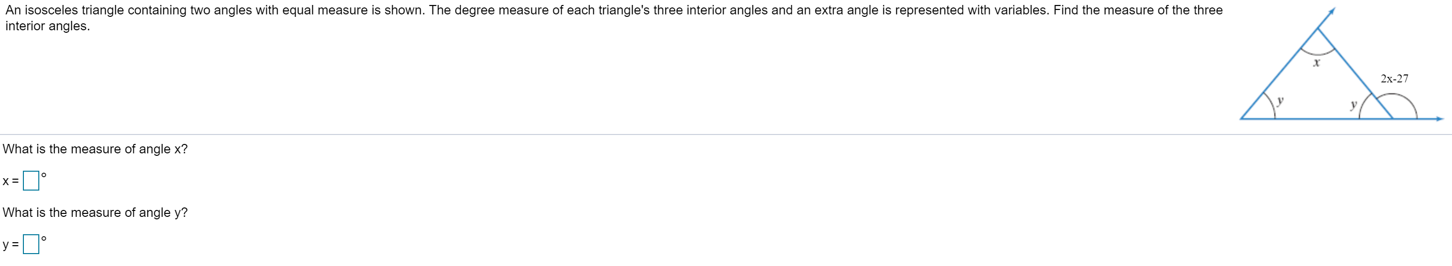 Solved An isosceles triangle containing two angles with | Chegg.com