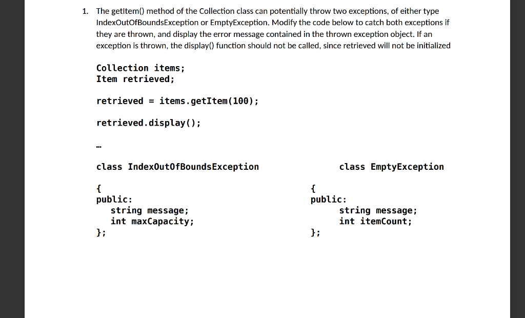 1. The getItem() method of the Collection class can | Chegg.com