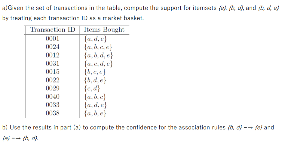 Solved a) Given the set of transactions in the table, | Chegg.com