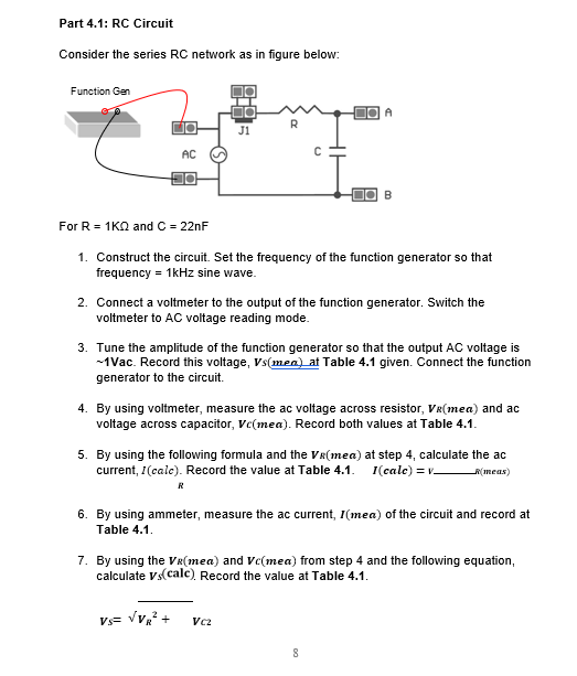 Solved Part 4.1: RC Circuit Consider the series RC network | Chegg.com